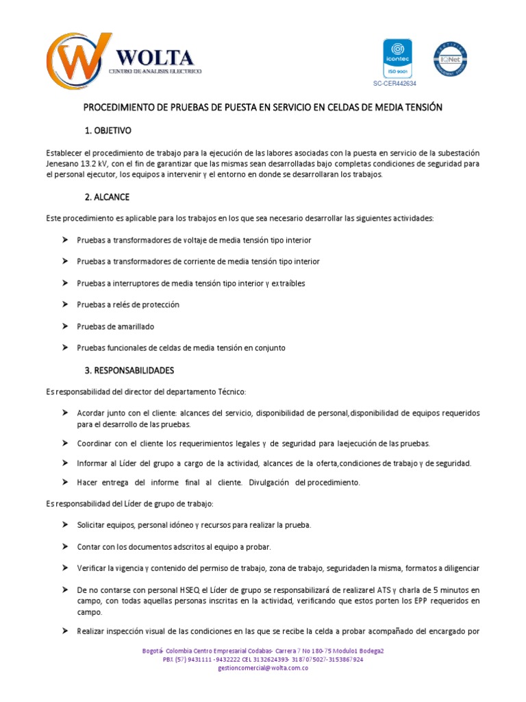 Procedimiento de Pruebas de Celdas de Media Tensión Jenesano | PDF | Relé | Transformador