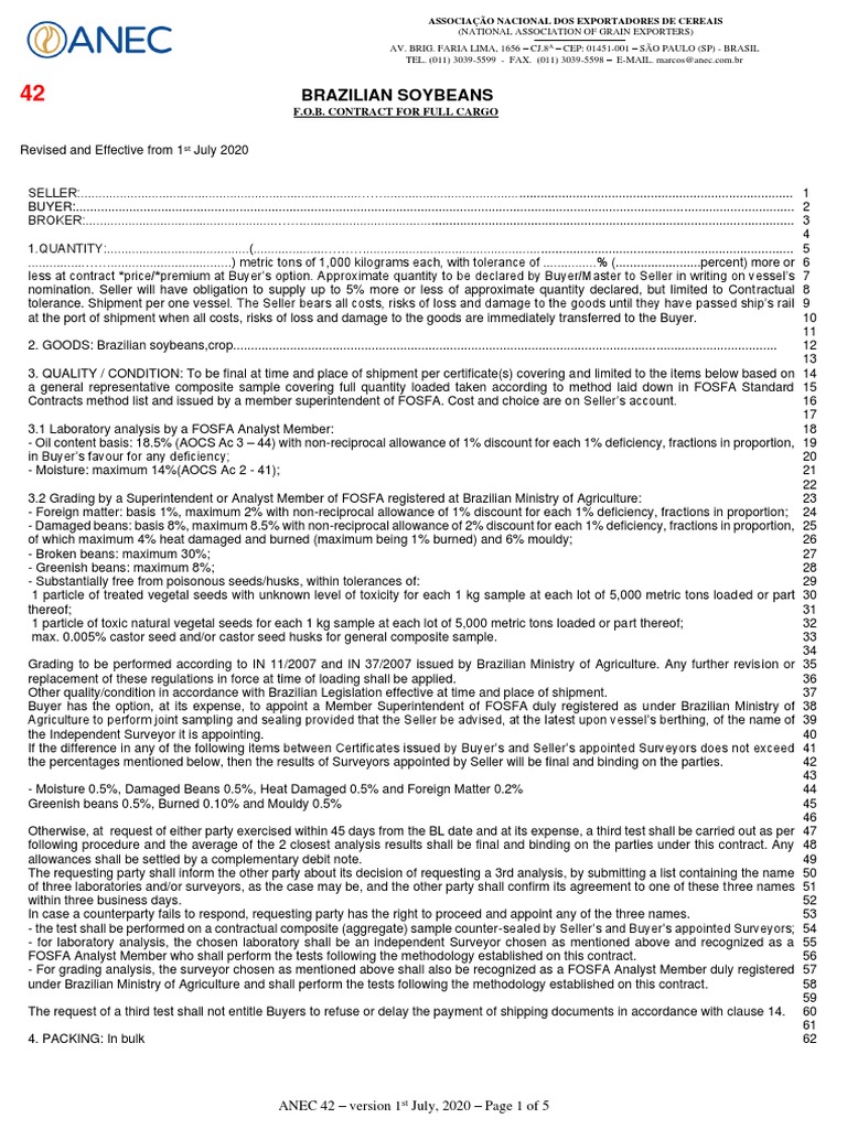 ANEC 42: Brazilian Soybeans Contract | PDF | Bill Of Lading | Letter Of ...
