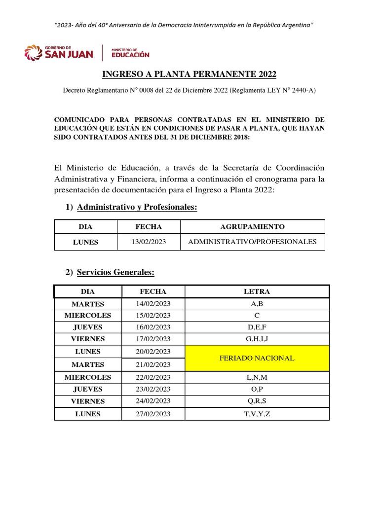 Comunicado Ingreso A Planta Permanente 2022 | PDF | Gobierno