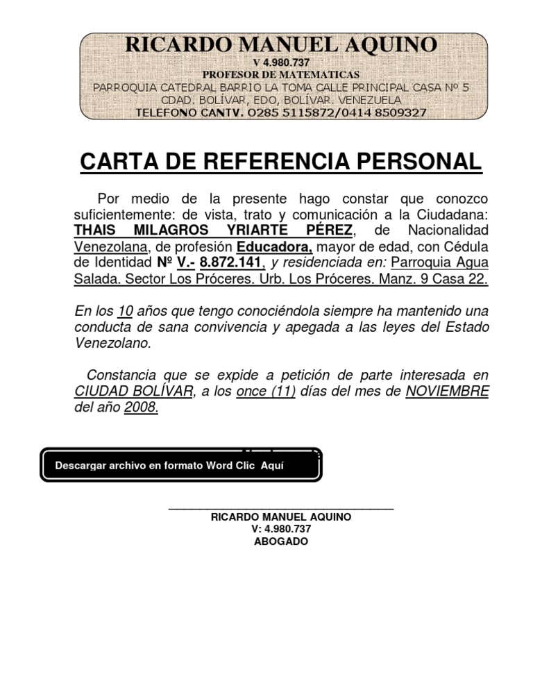 FORMATO MODELO EJEMPLO CARTA DE REFERENCIA PERSONAL