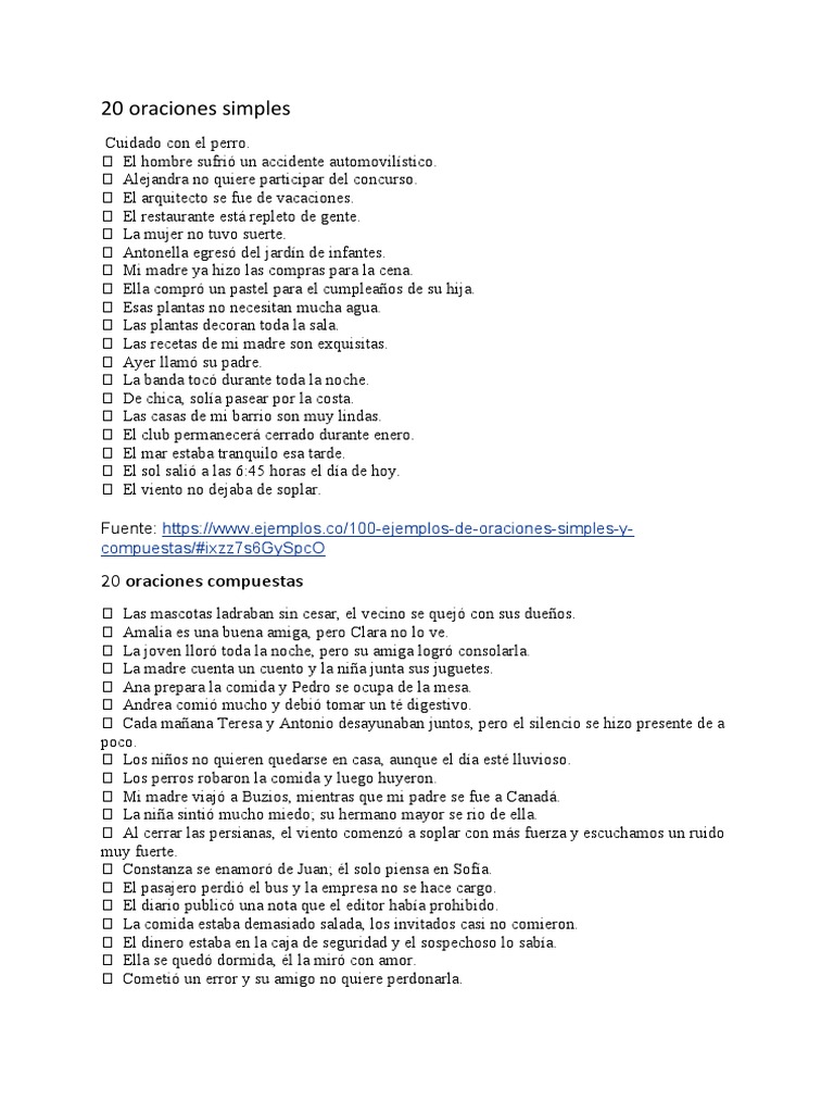 20 Oraciones Simples | PDF