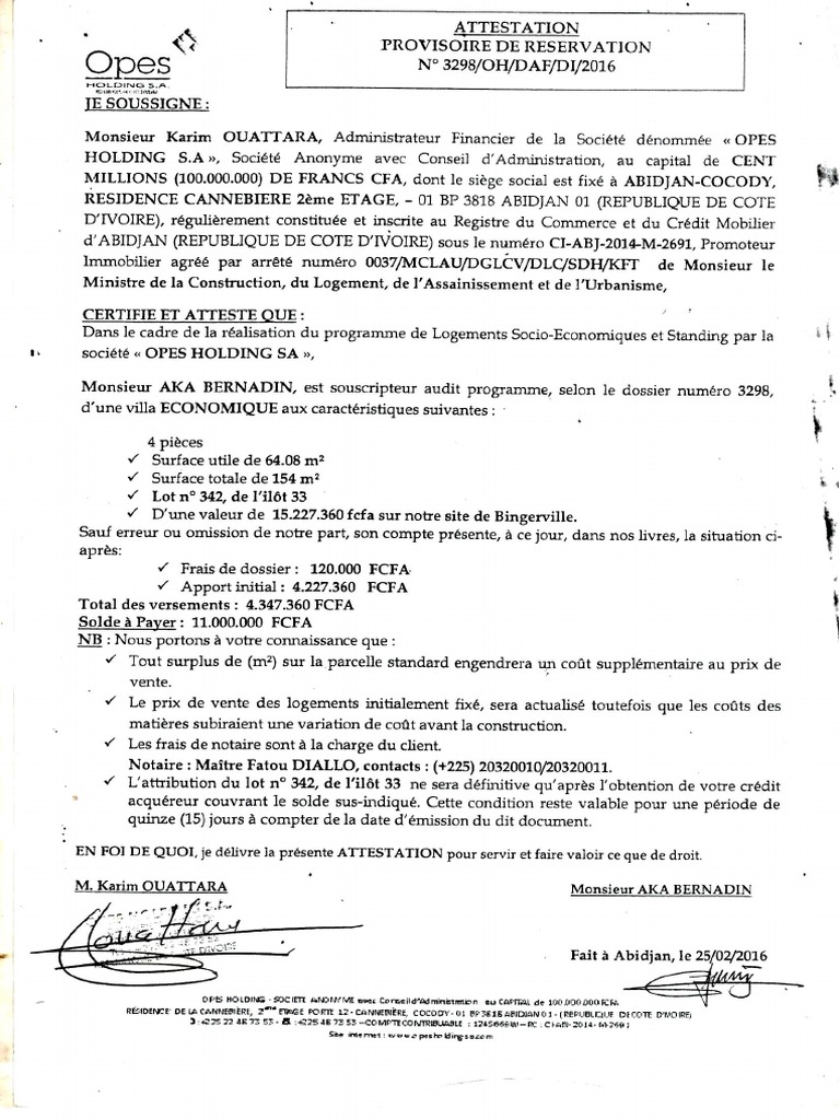 Attestaion de Reservation | PDF Attestaion de Reservation | PDF