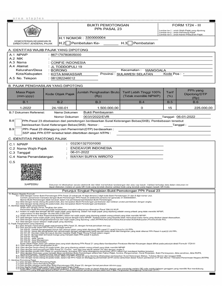 BUPOT PPH 23 004.01.22 - CONFIE INDONESIA | PDF