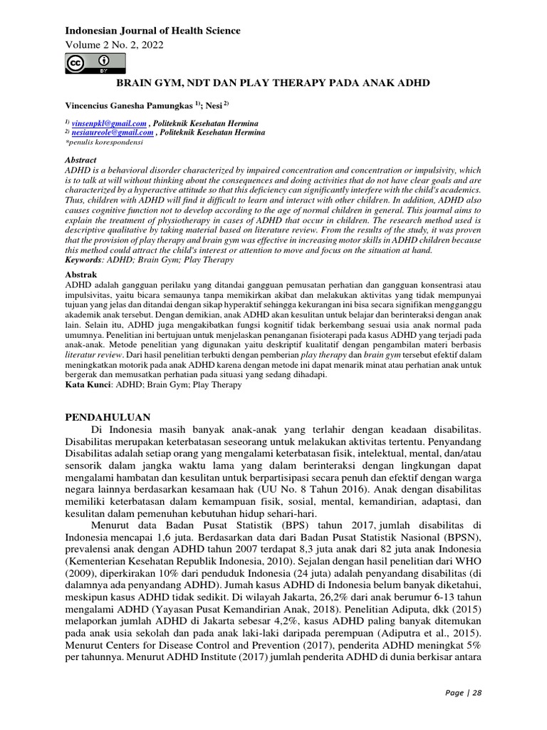 Brain Gym, NDT Dan Play Therapy Pada Anak Adhd | PDF