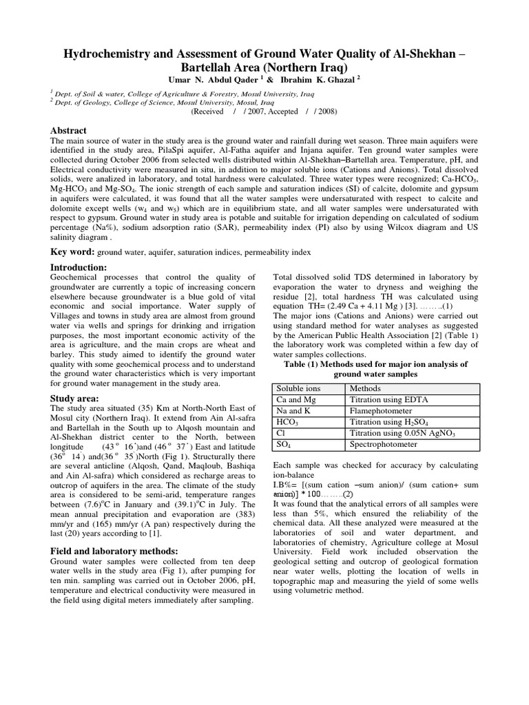 Groundwater Quality in Al-Shekhan, Iraq | PDF | Solubility | Groundwater
