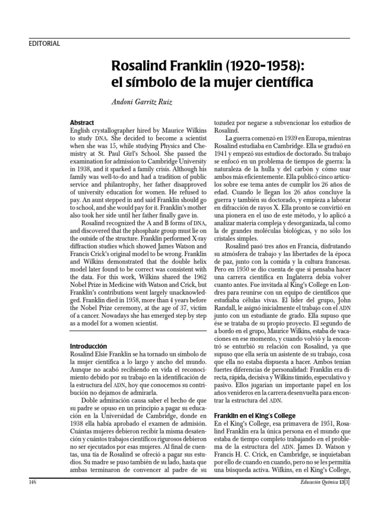 Rosalind Franklin: Pionera del ADN | PDF | James Watson | Francis Crick