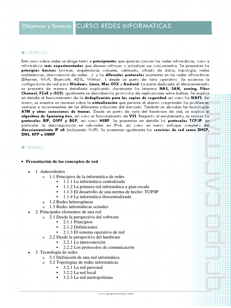 Objetivos y Temario Curso Redes Informaticas | PDF | Red de computadoras | Wifi