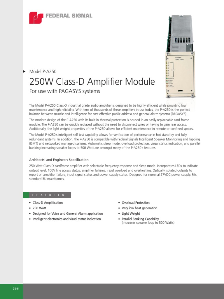 250W Class-D Amplifier Module: For Use With PAGASYS Systems | PDF ...