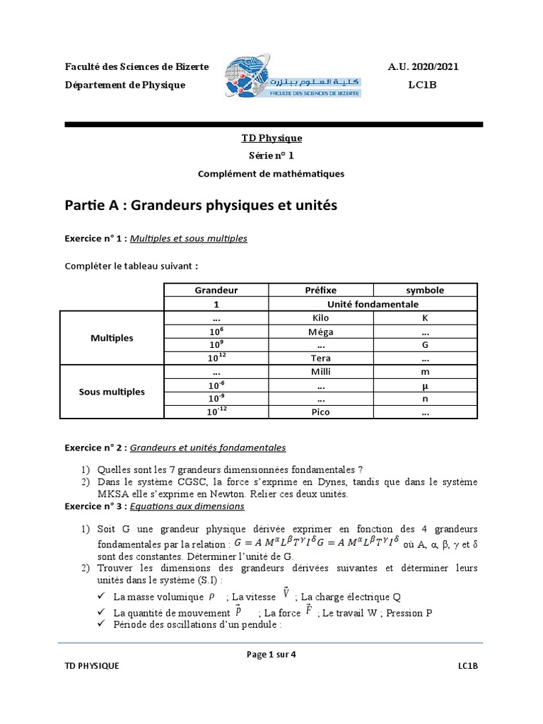 Série 1 Complément Math | PDF | Scalaire (mathématiques) | Métrologie
