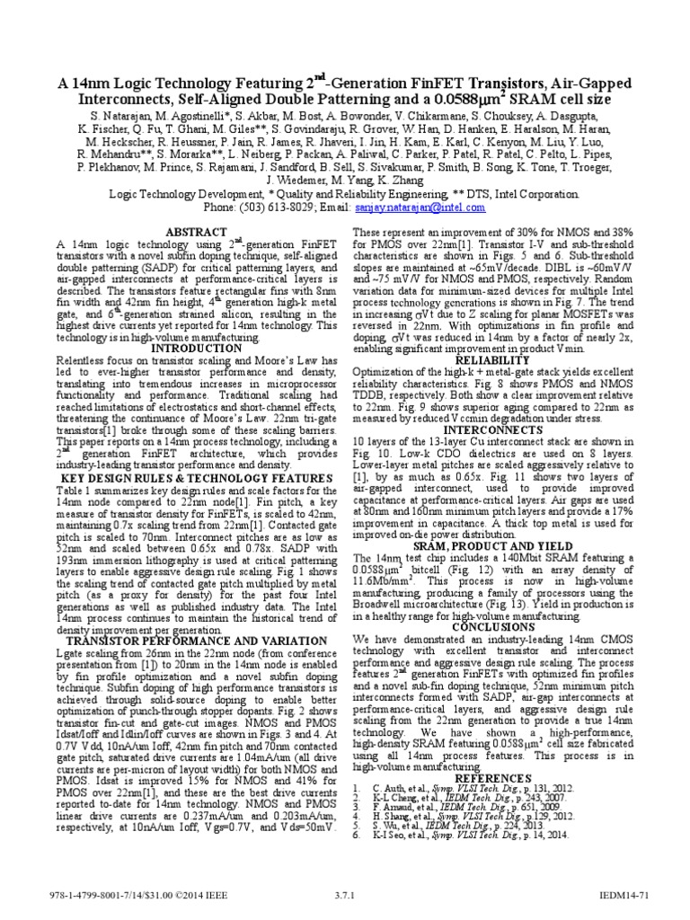 A 14Nm Logic Technology Featuring 2 - Generation Finfet, Air-Gapped Interconnects, Self-Aligned ...