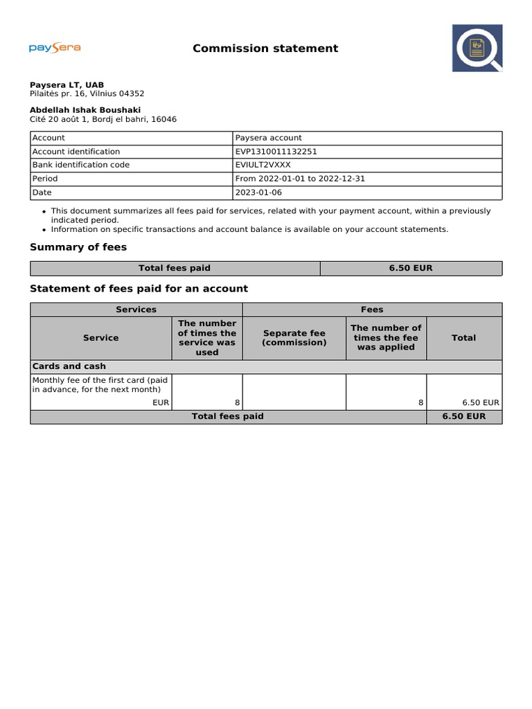 Paysera Account Fee Summary | PDF
