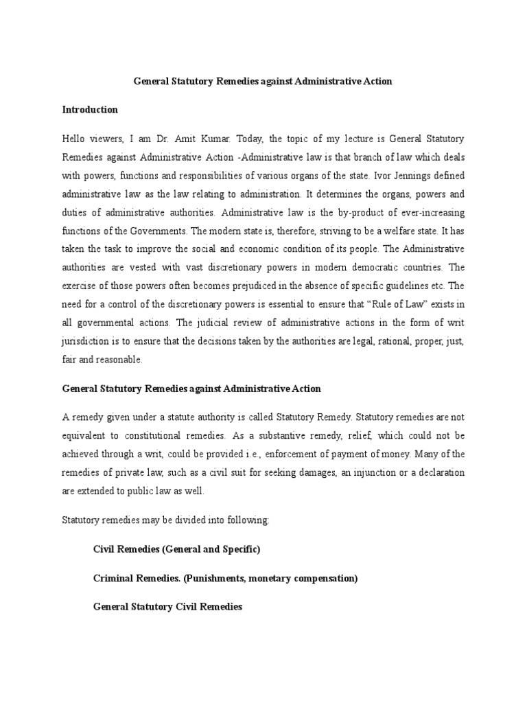 General Statutory Remedies Against Administrative Action | PDF | Legal Remedy | Injunction