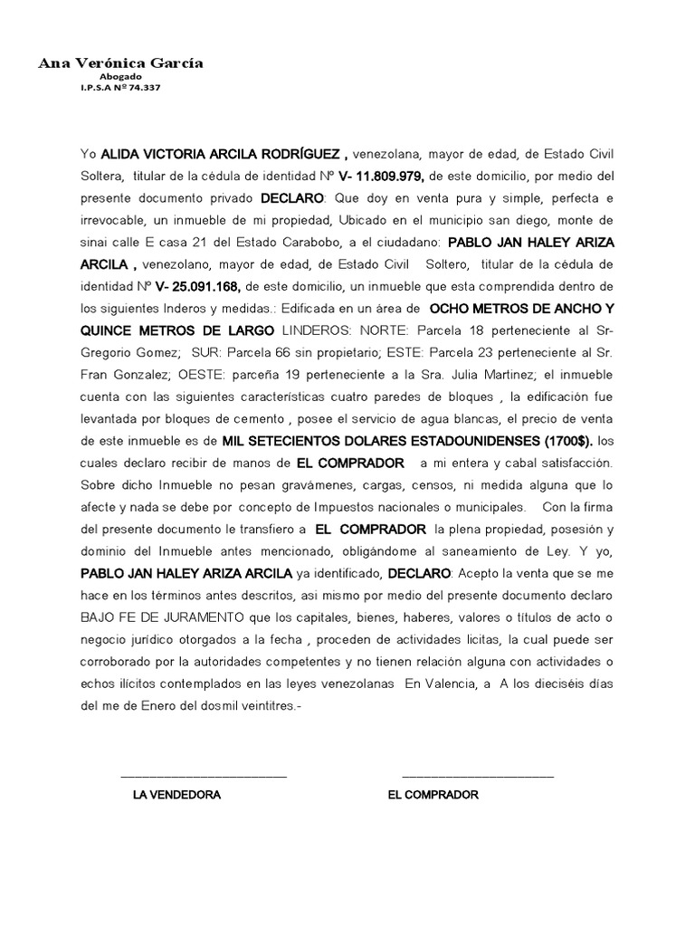 VENTA PRIVADA DE INMUEBLE Pablo Y ALIDA VICTORIA | PDF | Venezuela ...