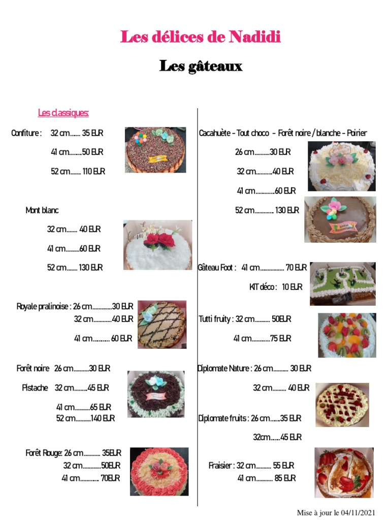 Tarifs des gâteaux de Nadidi | PDF | Cuisine | Desserts
