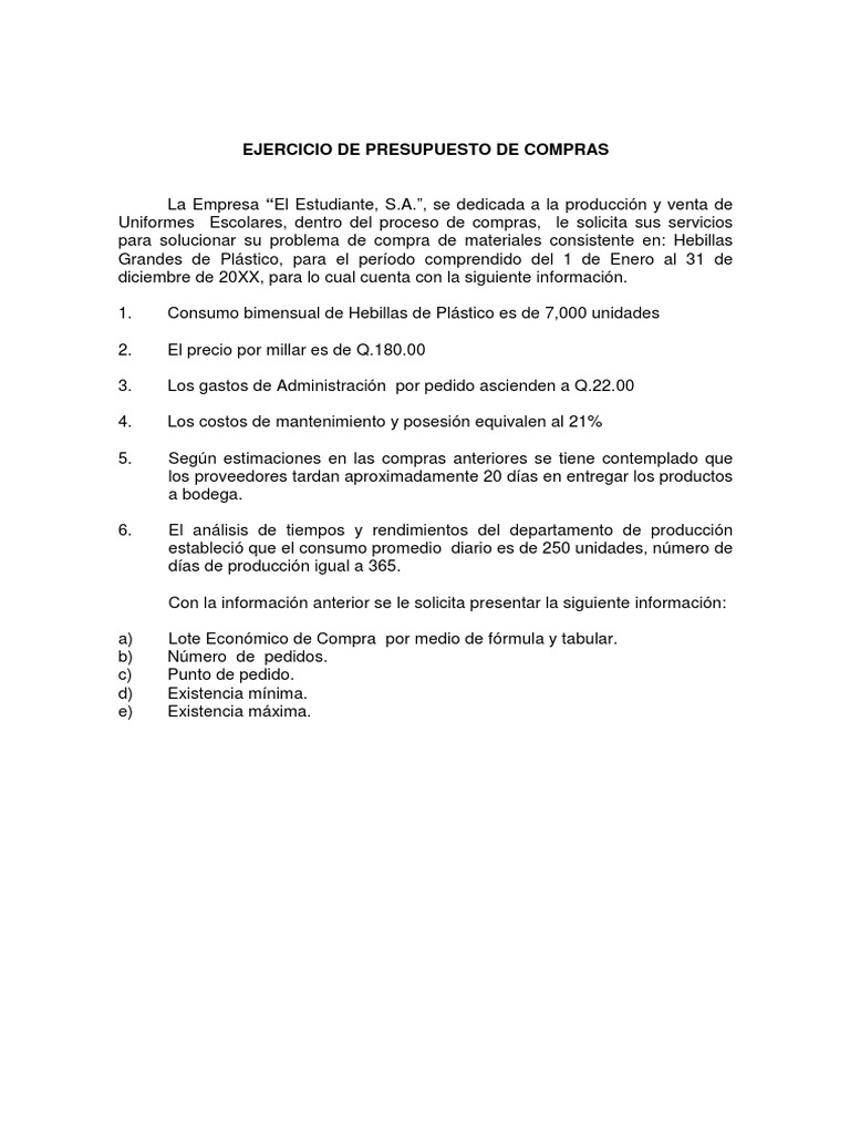 Ejercicio Ppto de Compras Lec El Estudiante Problema | PDF