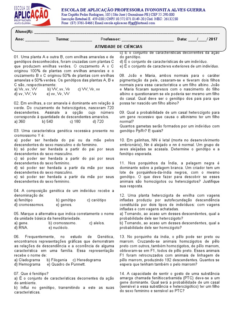 Exercícios de Genética para Alunos | PDF | Genótipo | Zigosidade