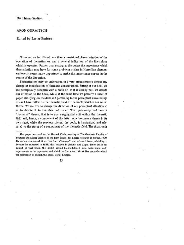 Thematization in Phenomenology | PDF | Phenomenology (Philosophy) | Edmund Husserl