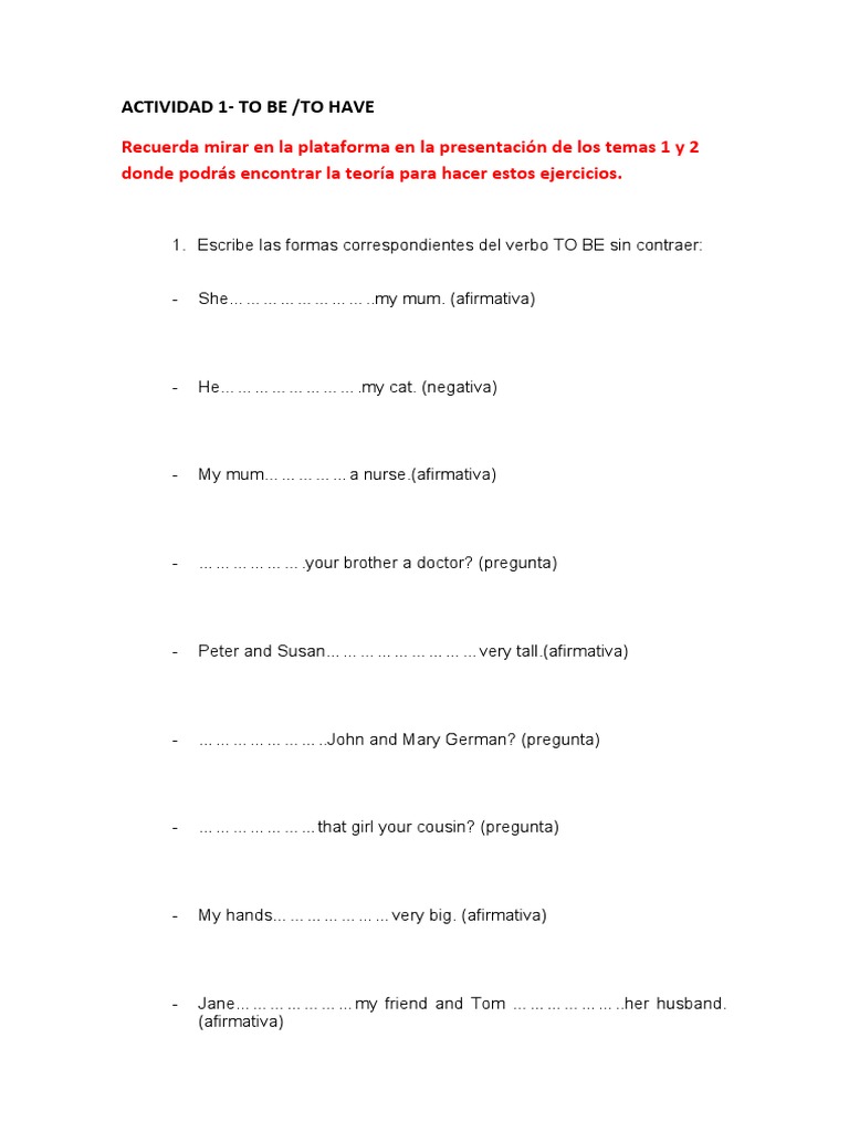 Ejercicios del verbo To Be y To Have | PDF