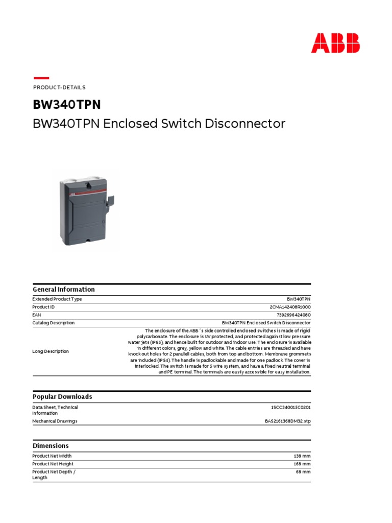 2CMA142408R1000 bw340tpn Enclosed Switch Disconnector | PDF