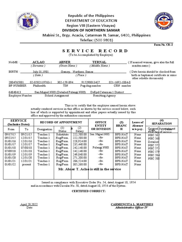 Teacher Service Record | PDF