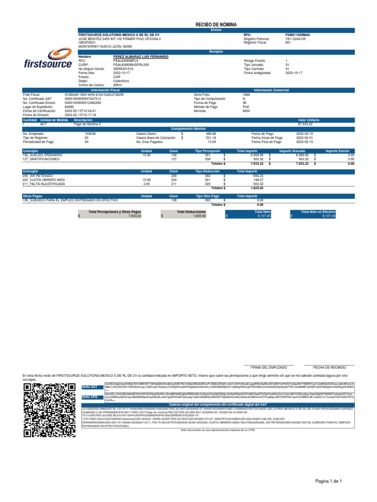 Recibo de Nómina: Firstsource México | PDF | Sueldos y salarios | Compensación laboral