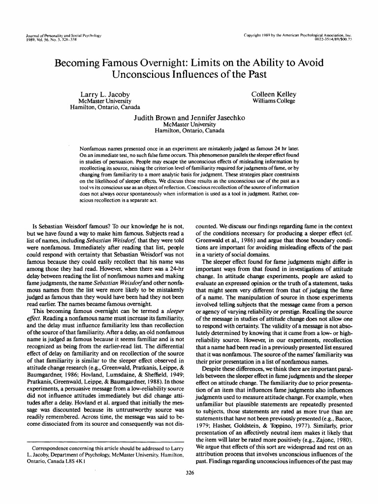 Becoming Famous Overnight: Limits On The Ability To Avoid Unconscious ...