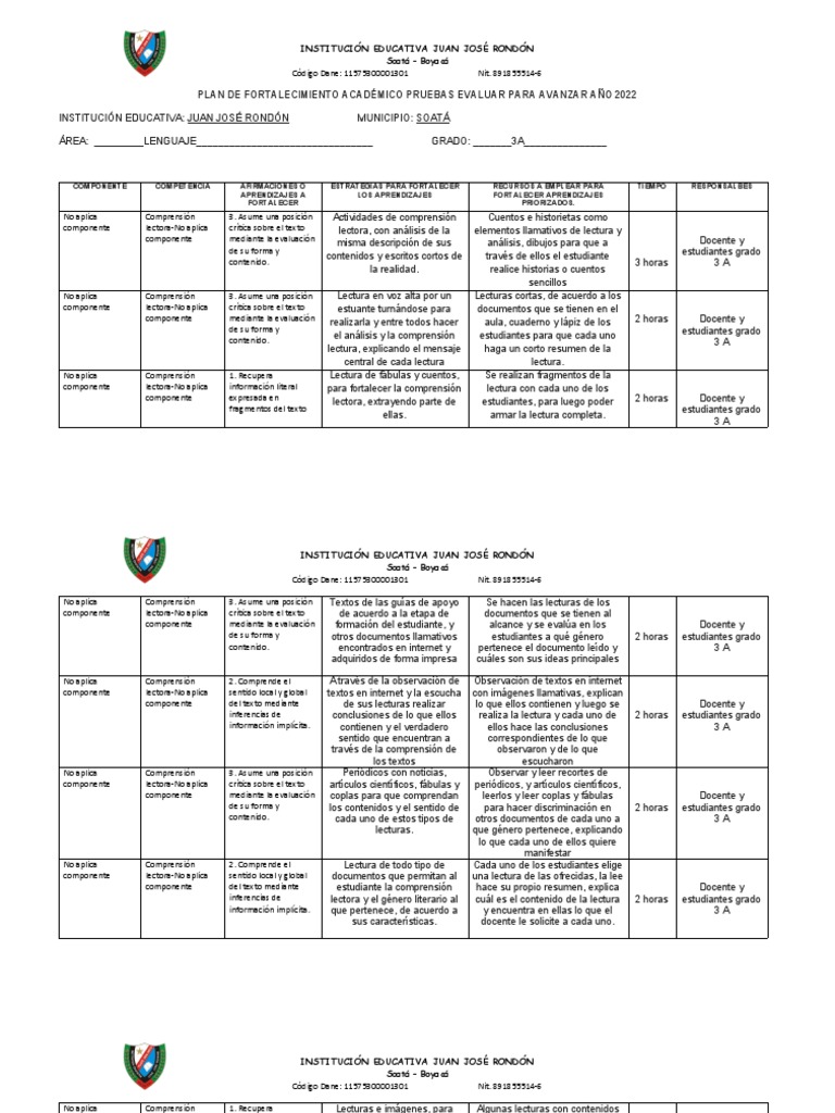 Formato Plan de Fortalecimiento Académico Lenguaje 3a | PDF ...