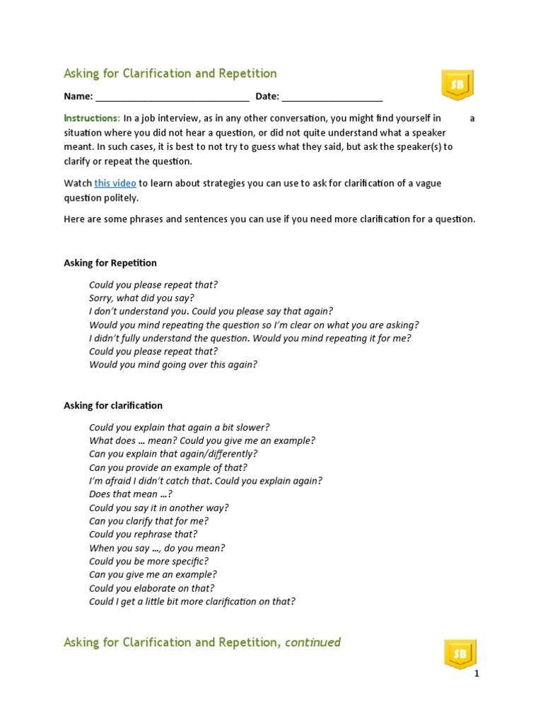 Asking For Clarification and Repetition Advice | PDF | Question ...