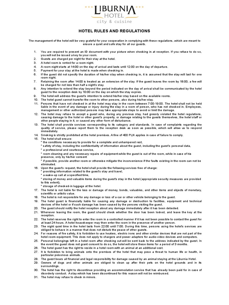 Hotel Rules and Regulations | PDF