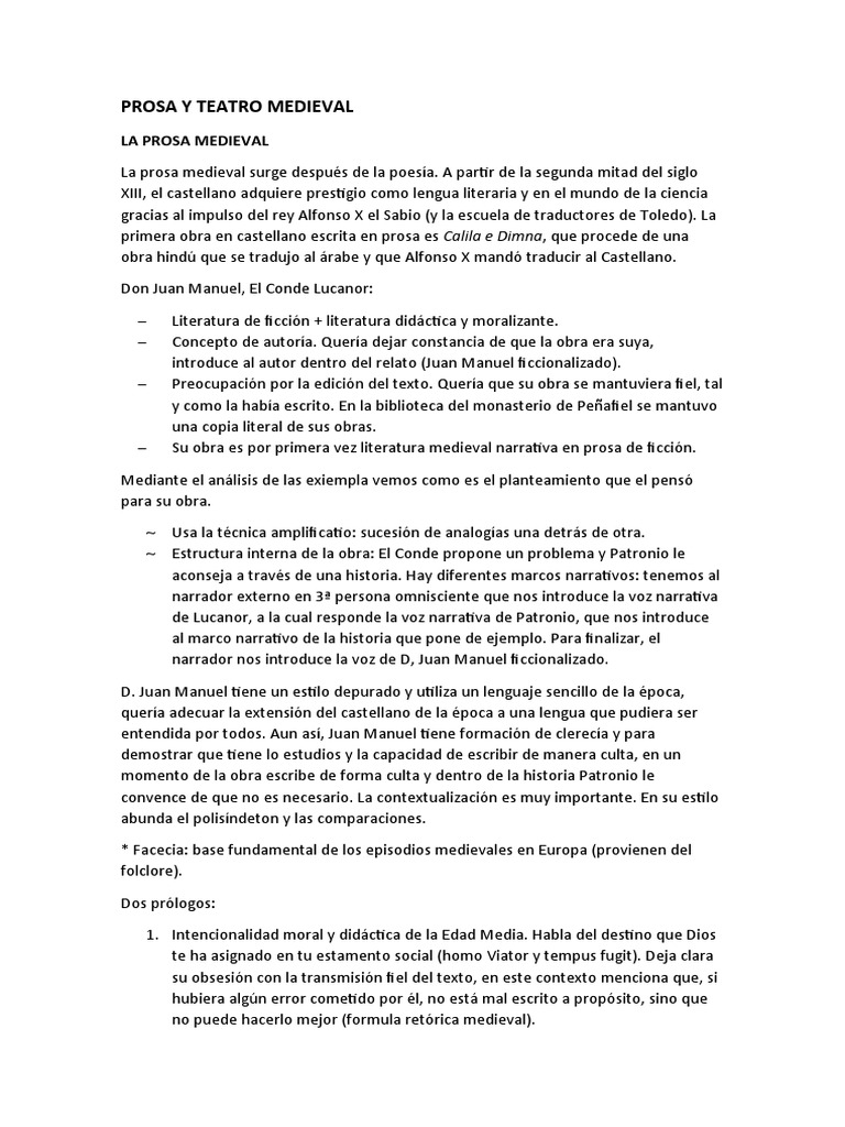 Prosa y Teatro Medieval: Evolución y Análisis | PDF | Prosa | Teatro