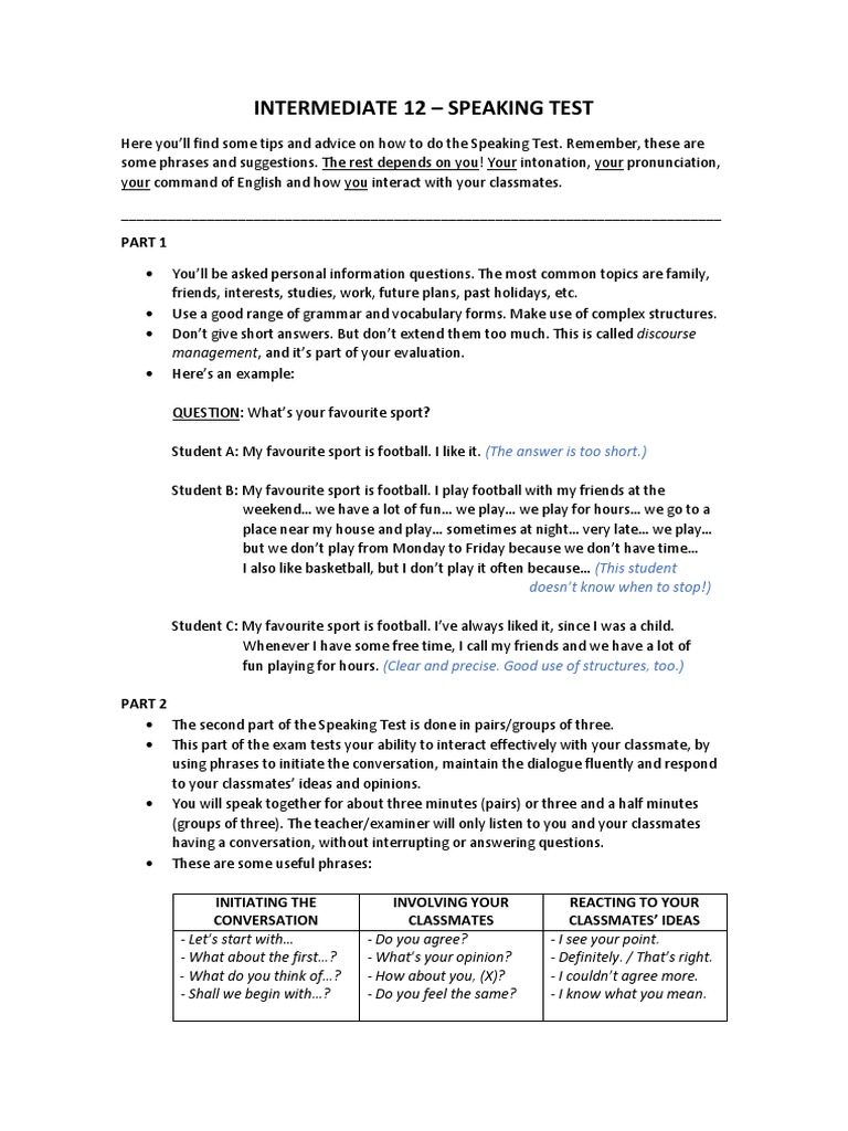 INTERMEDIATE 12 - Speaking Test Tips - Teacher Nicolás Velasco | PDF ...