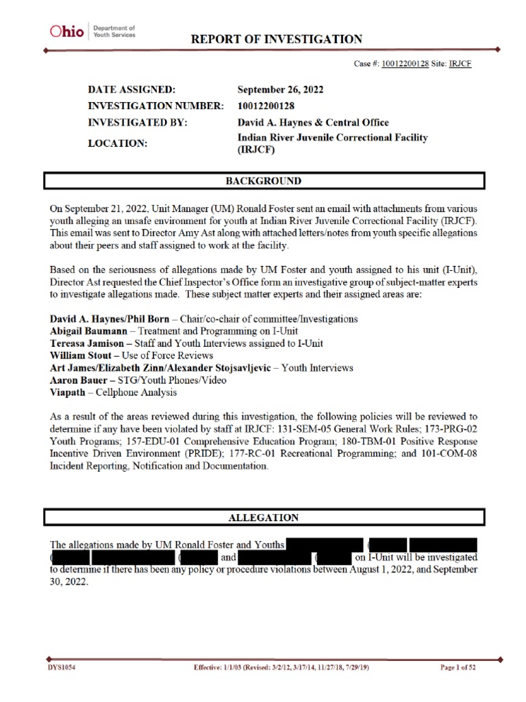 ODYS Indian River Juvenile Correctional Facility Investigation | PDF