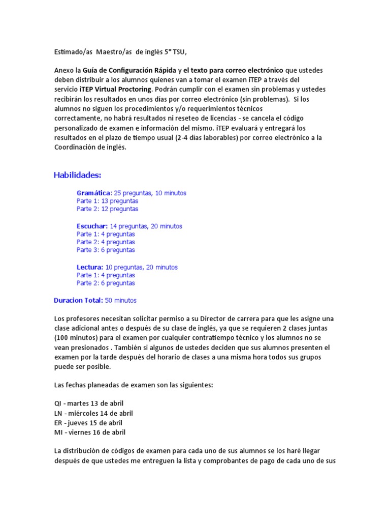 Instruciones Examen Itep | PDF