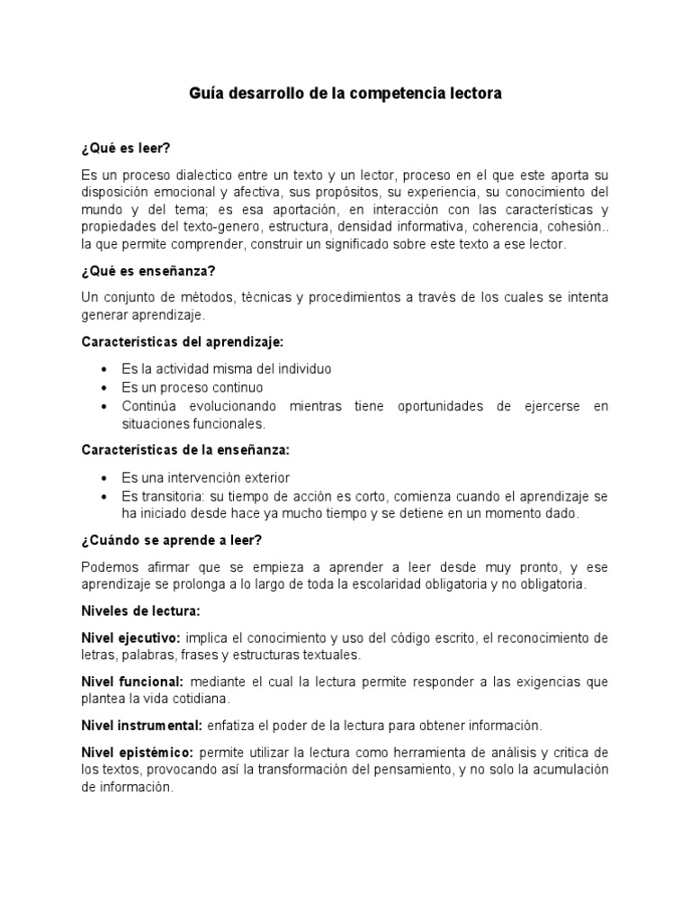 Guía desarrollo de la competencia lectora | PDF | Comprensión lectora | Aprendizaje
