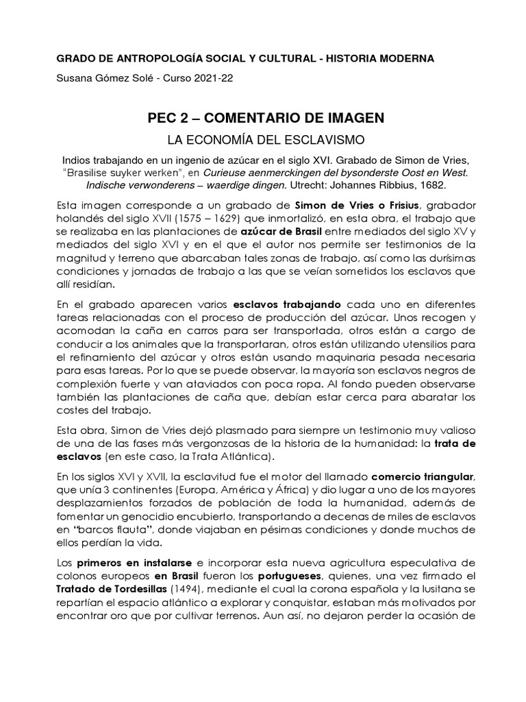 PEC 2 - HISTORIA MODERNA (Comentario Imagen) - Susana Gómez Solé | PDF | Esclavitud | Azúcar