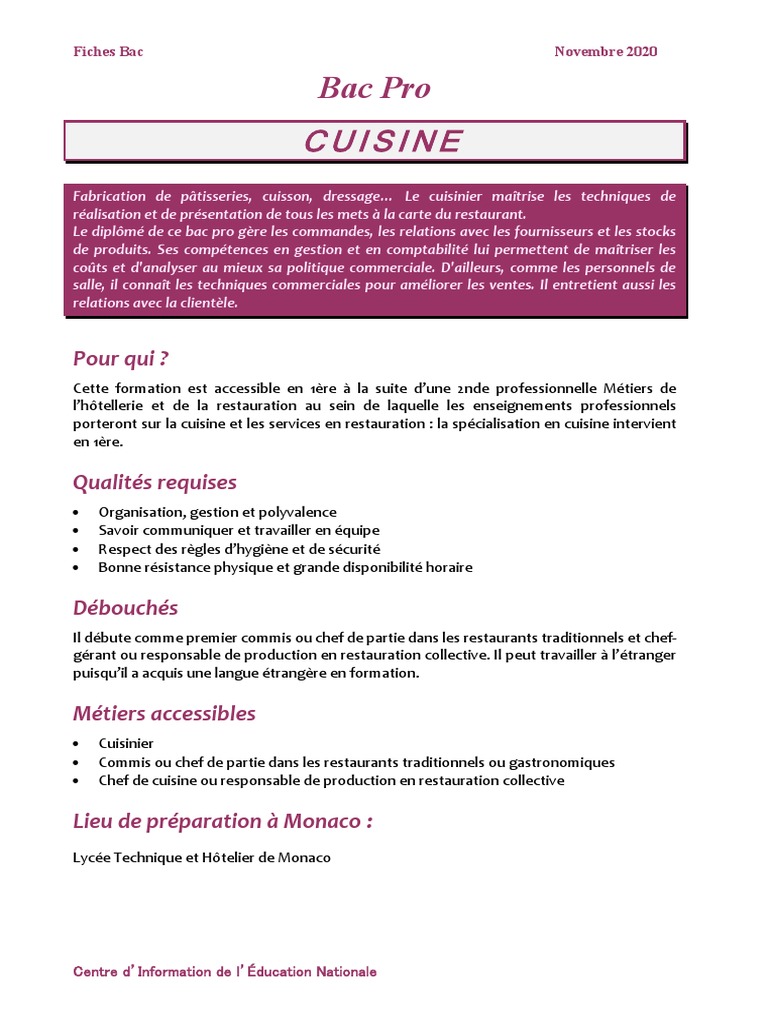 Fiche technique Bac Pro Cuisine | PDF | Cuisine | Chef