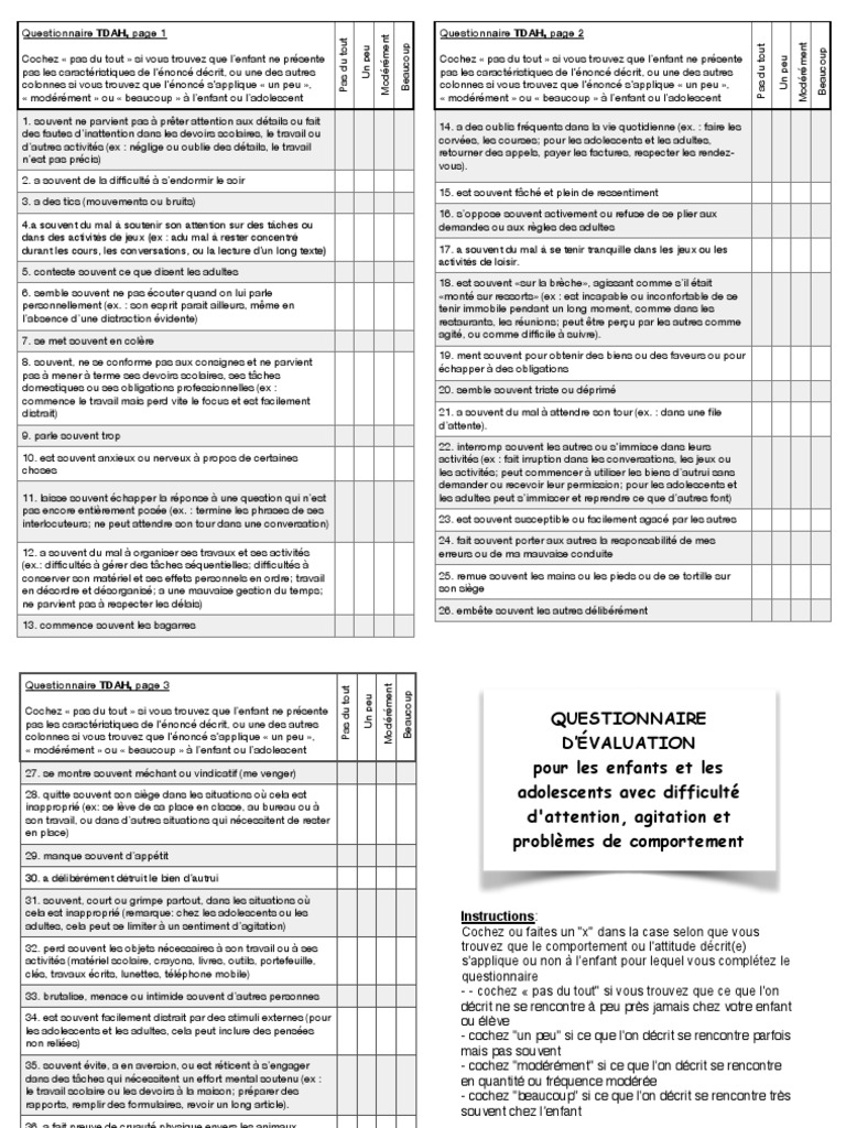 Questionnaire d'évaluation TDAH | PDF | Adolescence | Trouble du ...