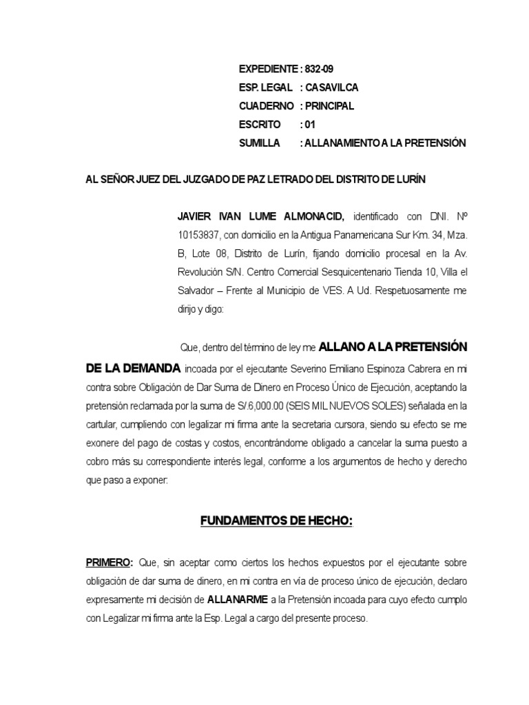 Escrito de Allanamiento | Descargar gratis PDF | Gobierno | Justicia