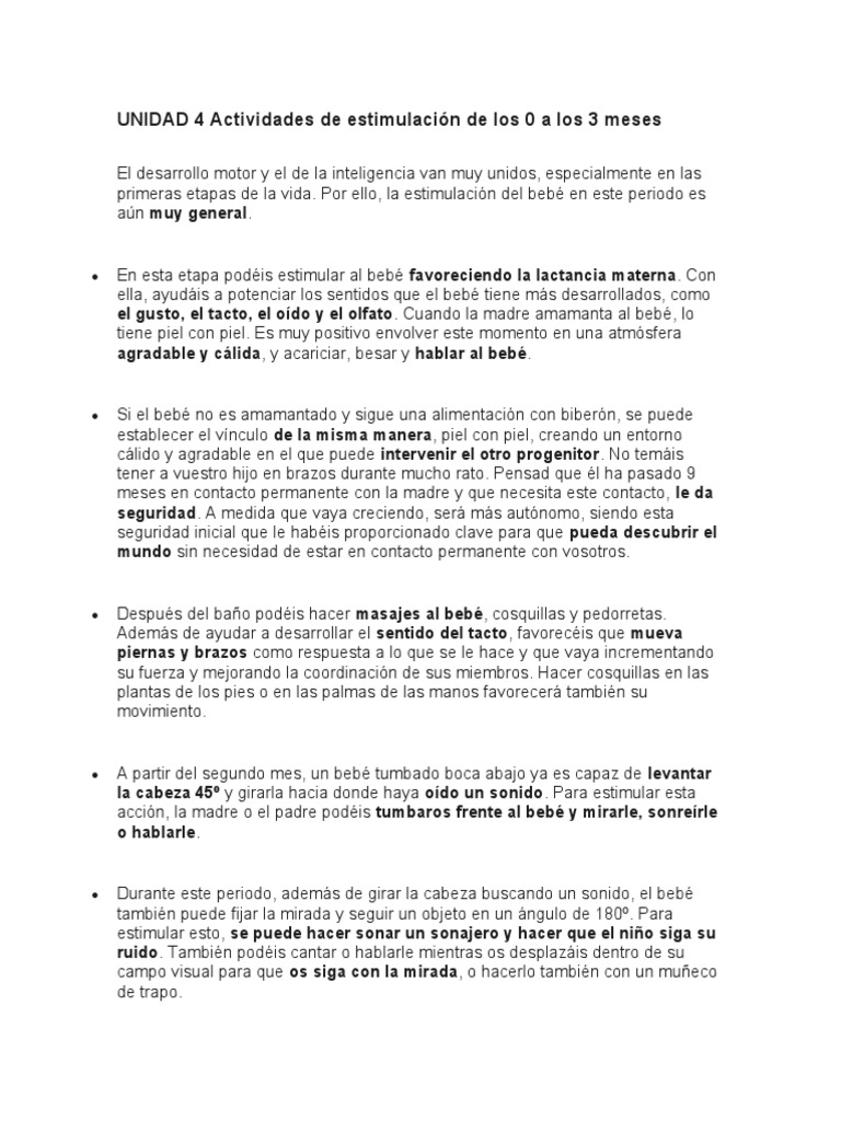 UNIDAD 4 Actividades de Estimulación de Los 0 A Los 3 Meses | PDF