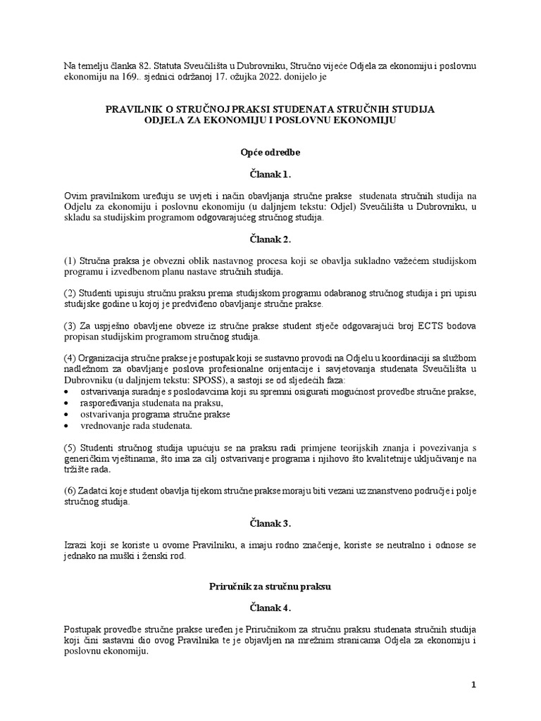 Pravilnik o Strucnoj Praksi Studenata Strucnih Studija Odjela Za Ekonomiju I Poslovnu Ekonomiju ...