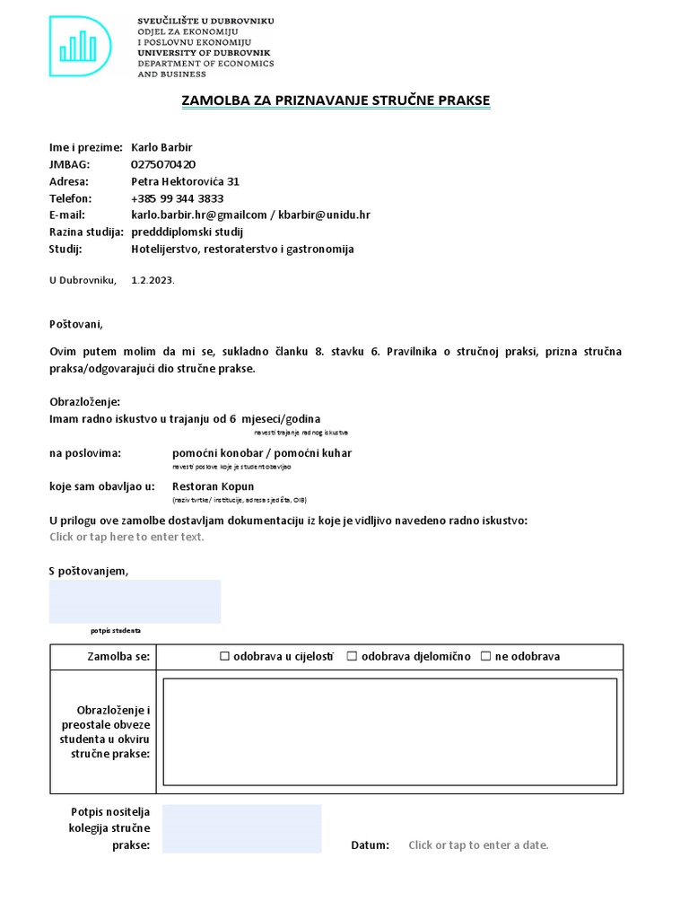 Zamolba Za Priznavanje Stručne Prakse 15.3.2022. | PDF