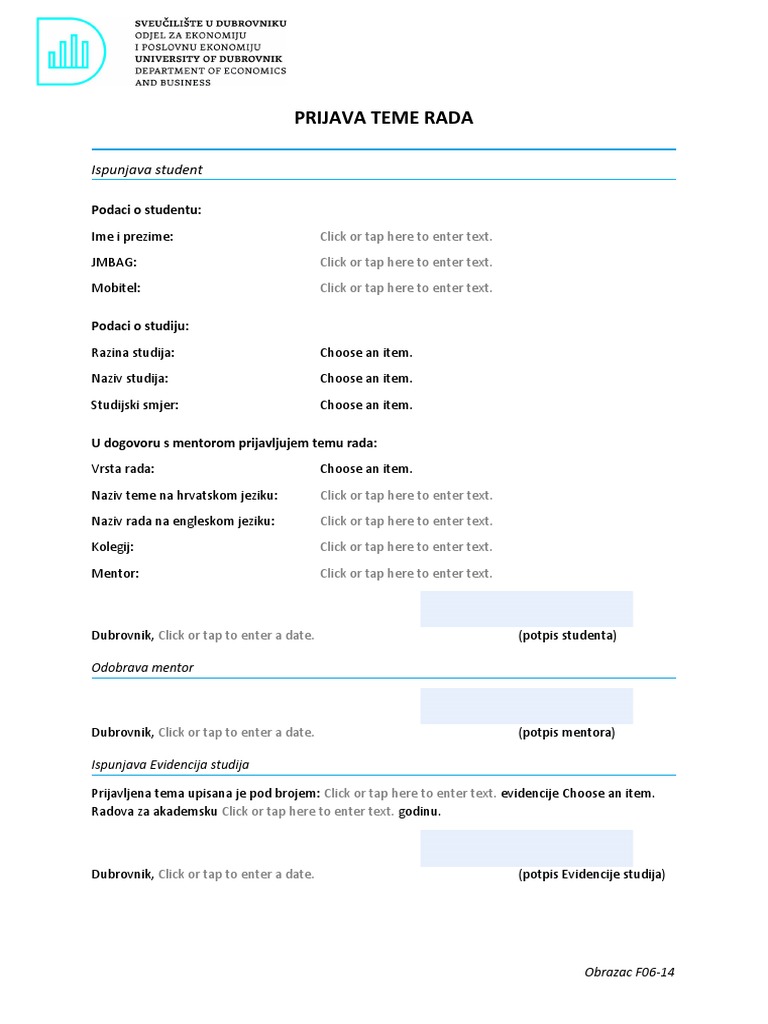 Obrazac - Prijava Teme Rada | PDF