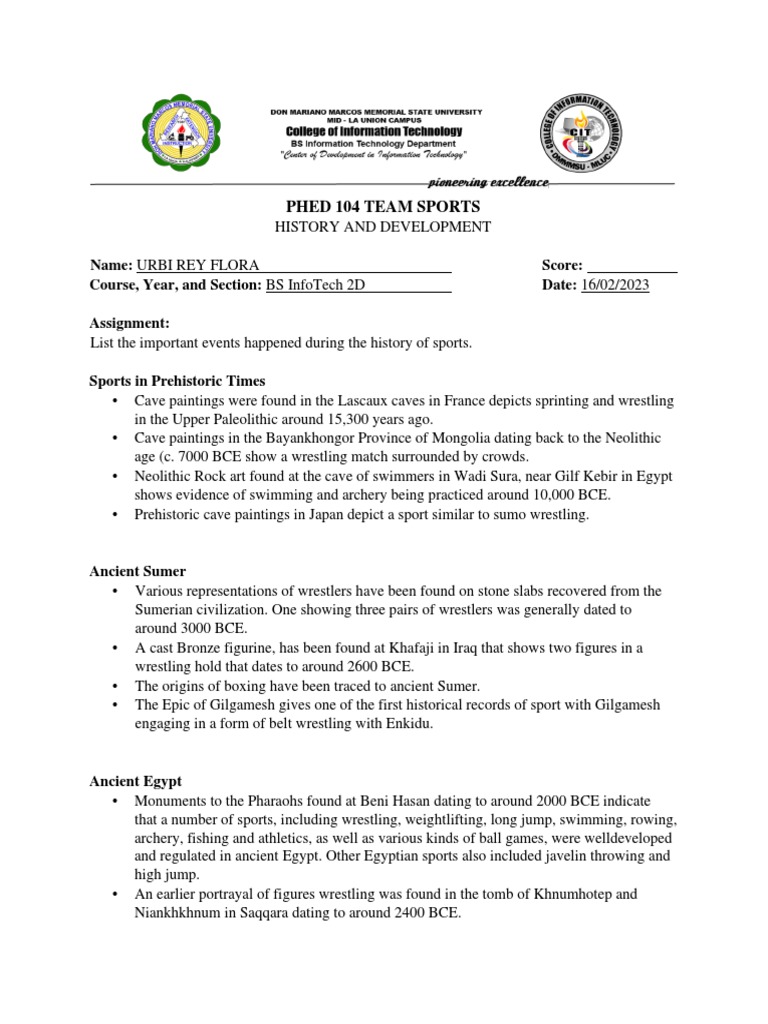 Phed 104 Team Sports - Urbi 2D - Assignment History | PDF | Sports | Cue Sports