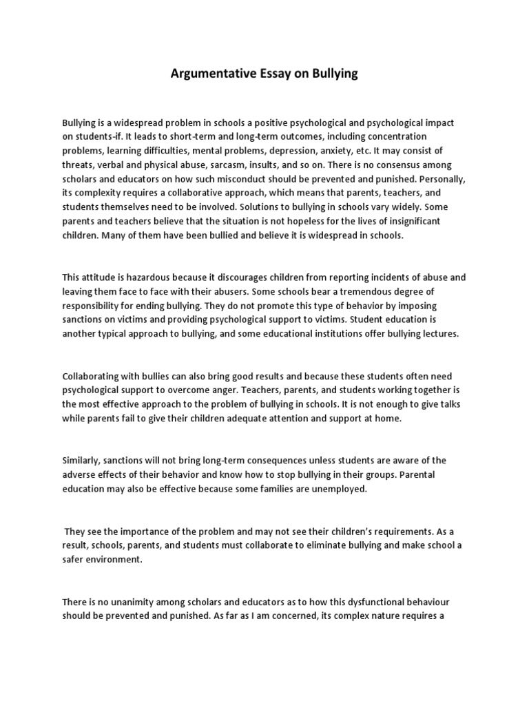 Argumentative Essay On Bullying | PDF | Bullying | Cyberbullying