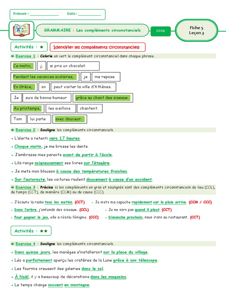 Fiche 5 Les Complements Circonstanciels Correction | PDF