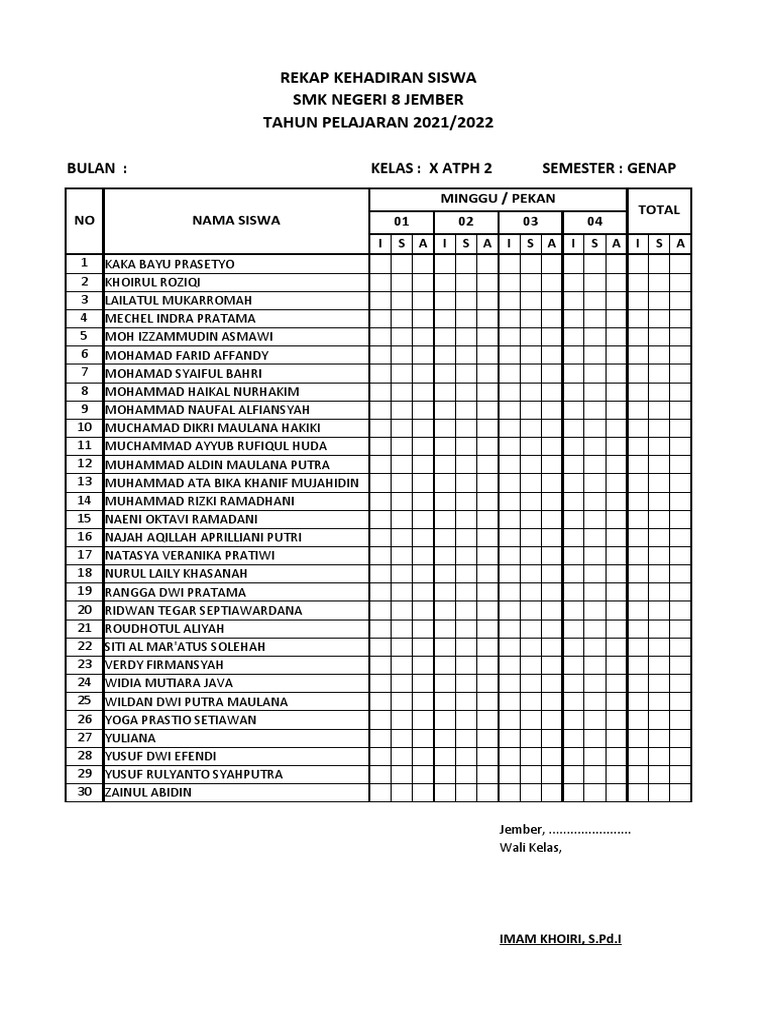 Rekap Kehadiran Siswa Bulanan | PDF