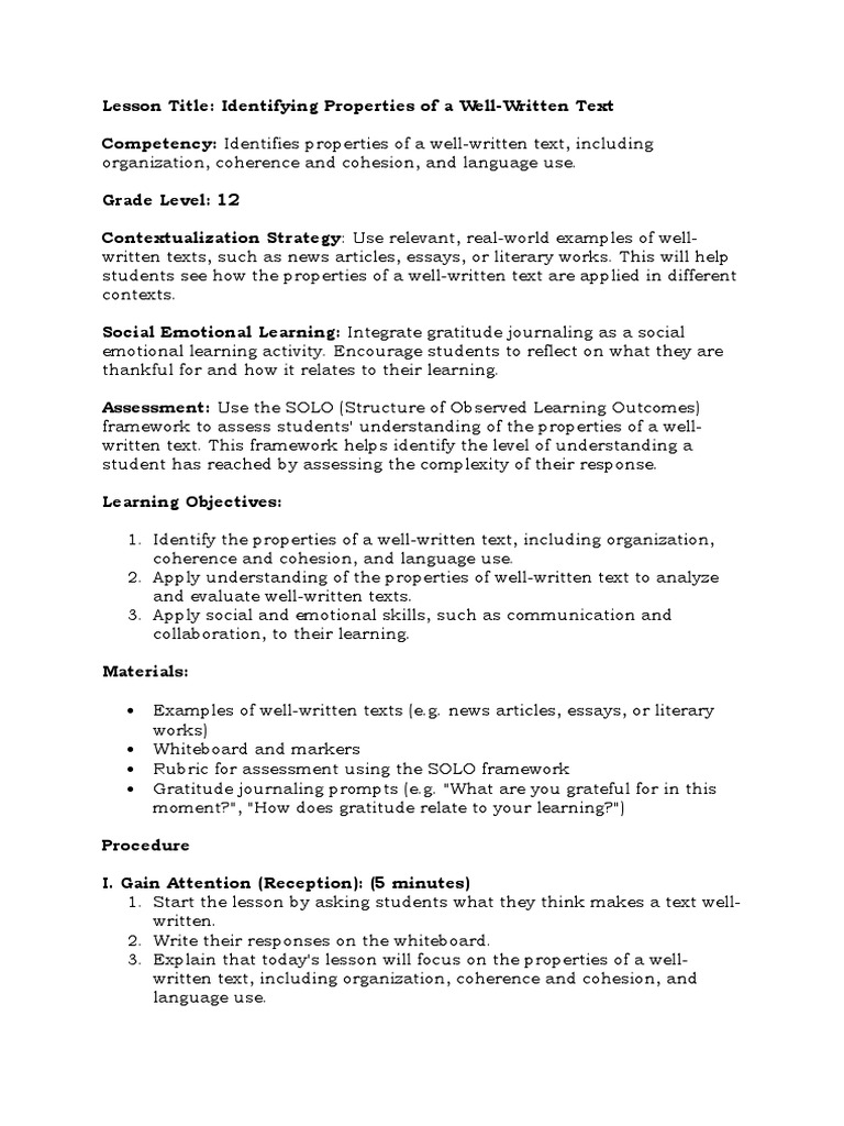Analyzing Well-Written Texts in Class | PDF | Learning | Rubric (Academic)