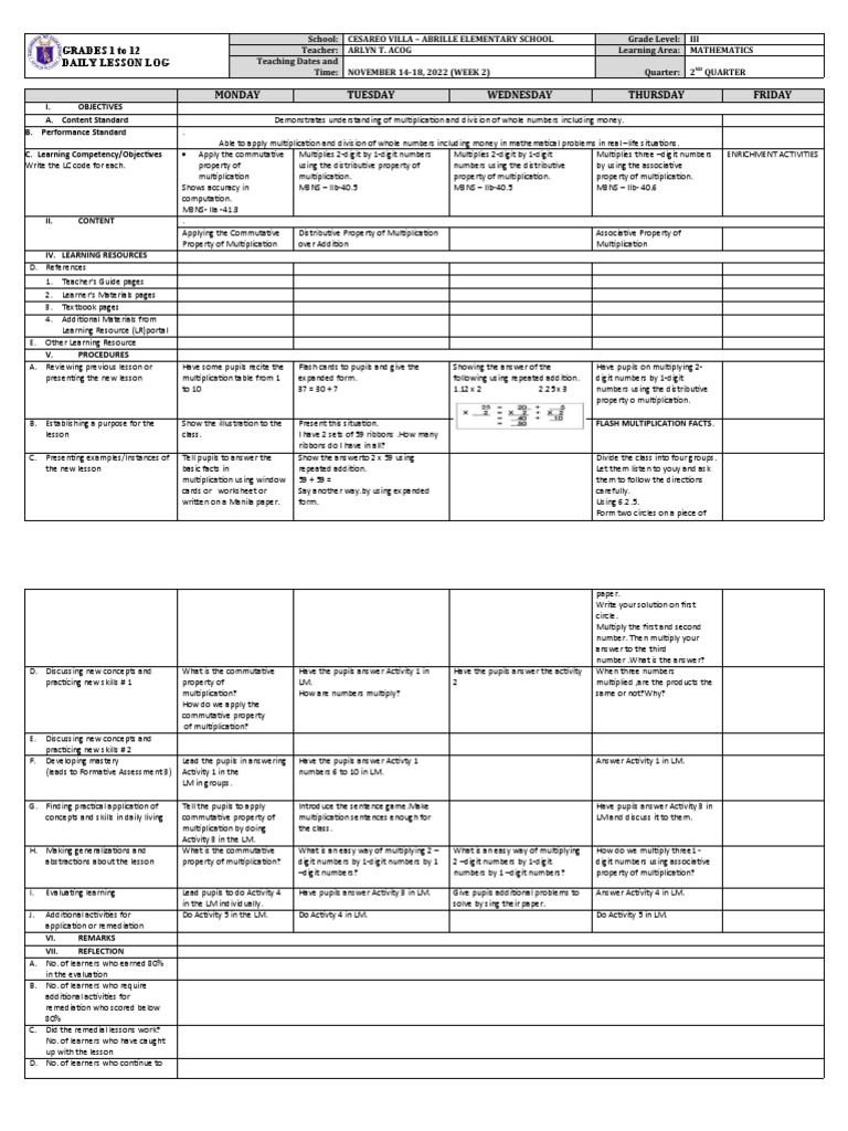 DLL MATHEMATICS-3 Q2 W2-Updated | PDF | Multiplication | Teachers