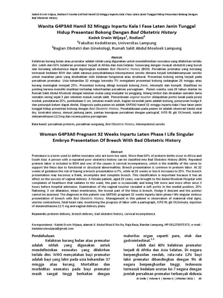 Wanita G4P3A0 Hamil 32 Minggu Inpartu Kala I Fase Laten Janin Tunggal Hidup Presentasi Bokong ...