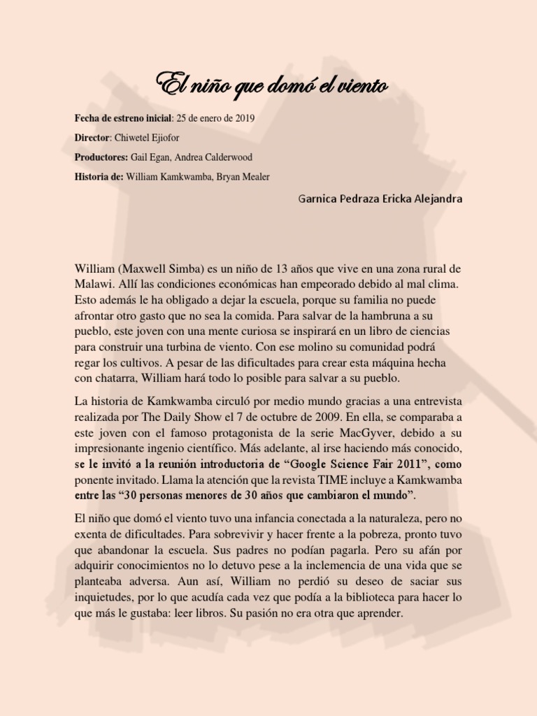 El Niño Que Domó El Viento - GarnicaPedrazaEricka Alejandra | PDF